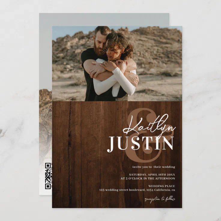 Photos bold names calligraphy rustic wood wedding invitation | Zazzle