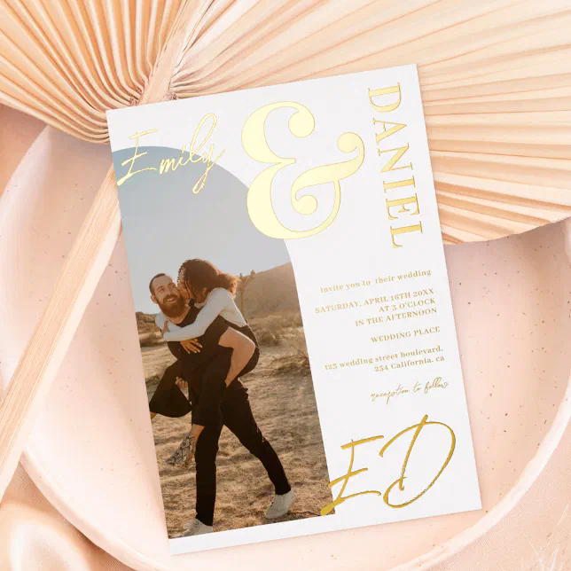 Photos bold names script arch gold wedding foil invitation | Zazzle