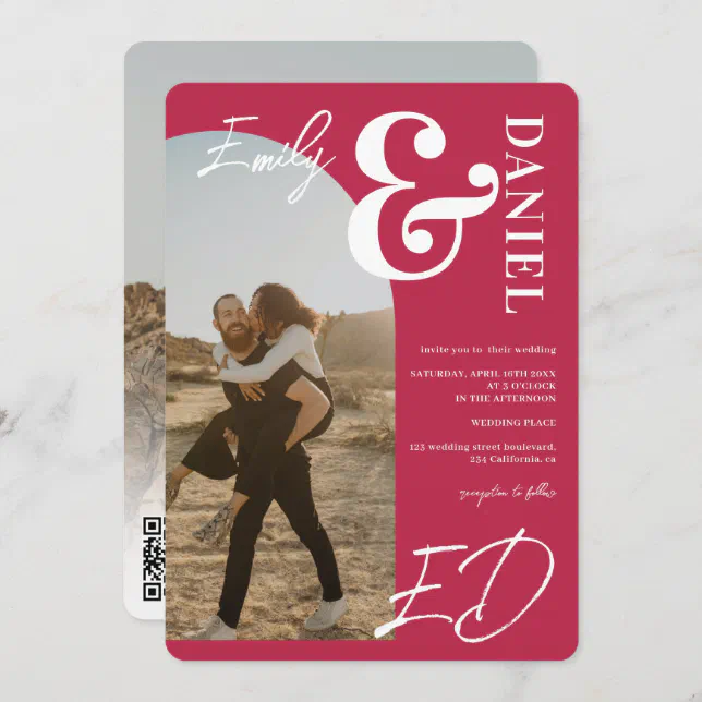Photos bold names script arch magenta wedding invitation | Zazzle