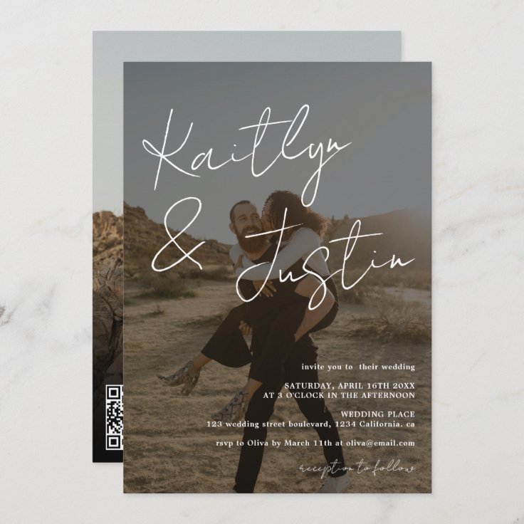 Photos name script calligraphy black wedding invitation | Zazzle