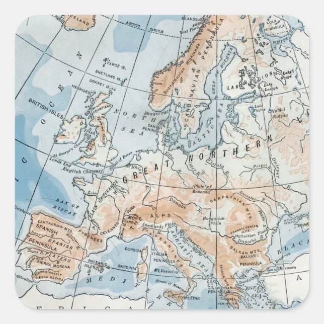 Physical Map of Europe (1916) Square Sticker | Zazzle