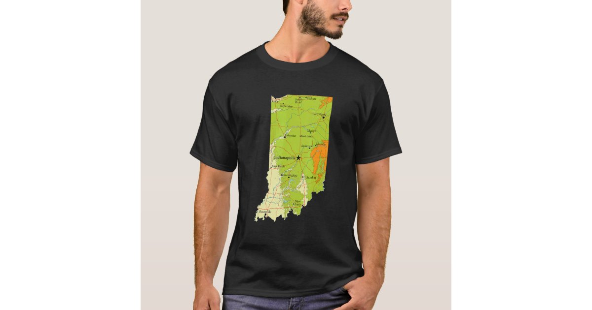 Physical Map Of Indiana Major Cities Lakes Rivers T-Shirt | Zazzle