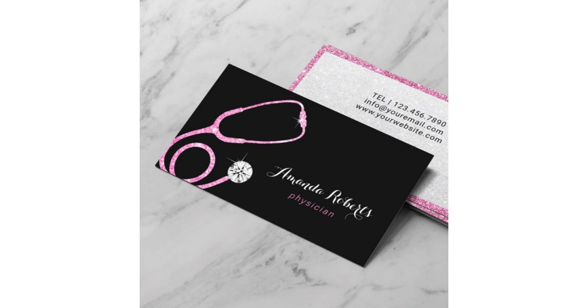 Physician Modern Pink Glitter Stethoscope Doctor Business Card | Zazzle