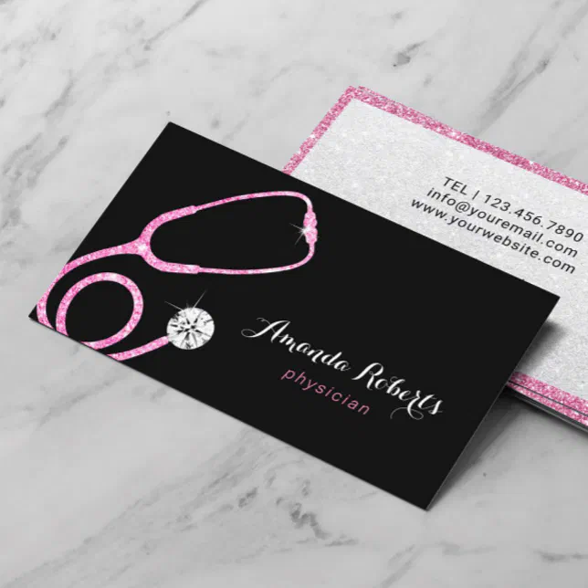 Physician Modern Pink Glitter Stethoscope Doctor Business Card | Zazzle