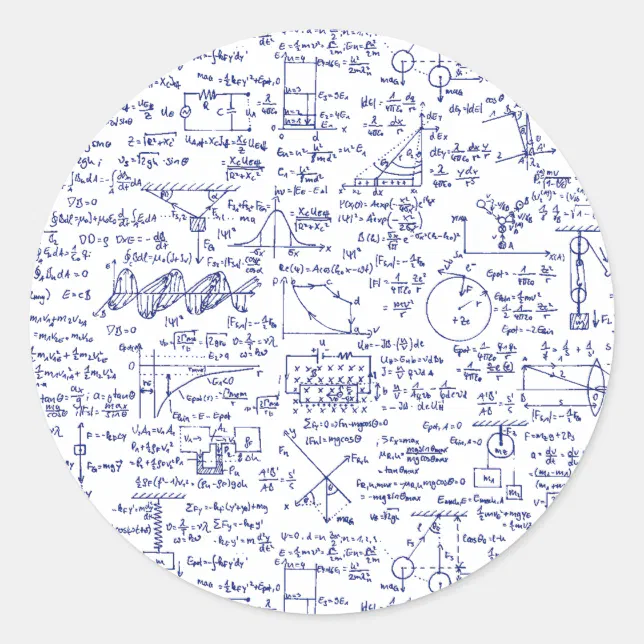 Physics Equations in Blue Pen // Classic Round Sticker | Zazzle