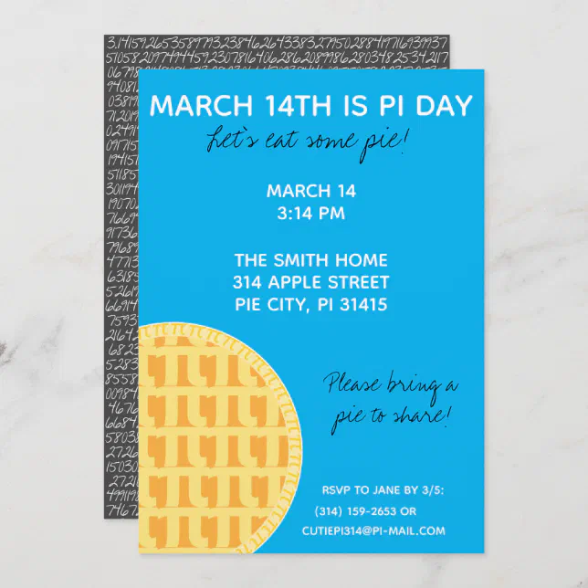 Pi Day Party Invitation w/ Pi Digits on Back! | Zazzle