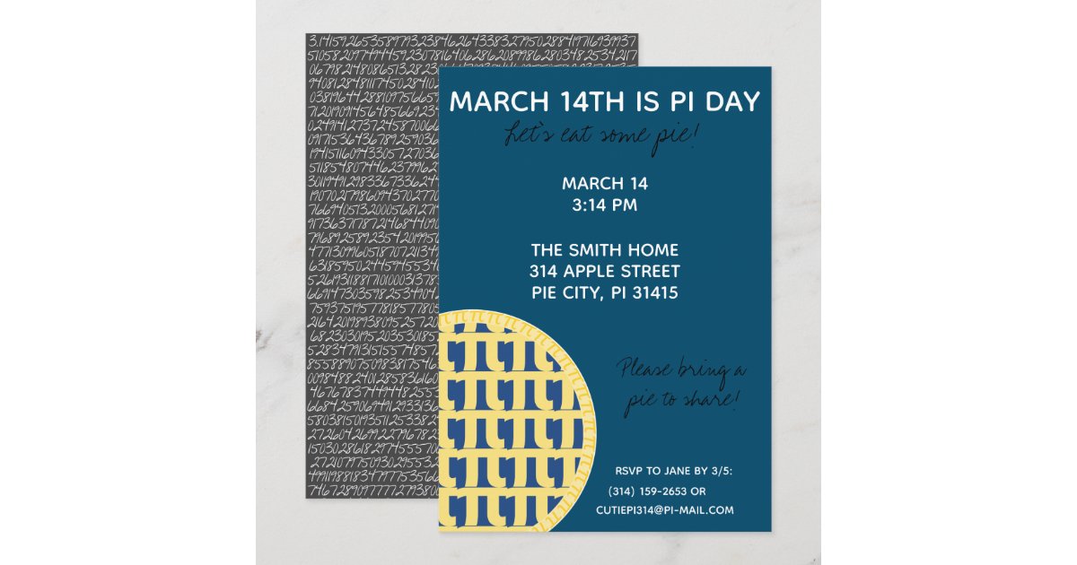 Pi Day Party Invitation w/ Pi Digits on Back! | Zazzle