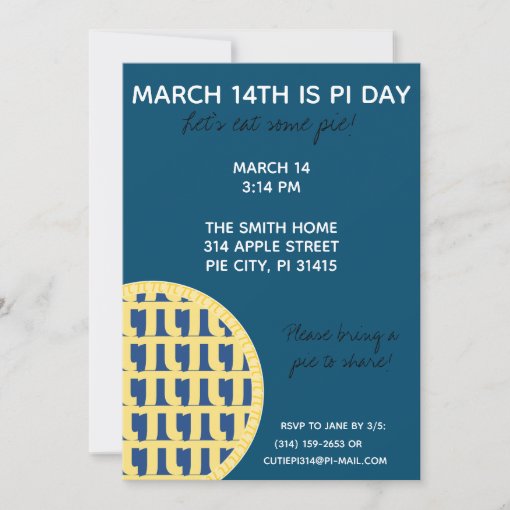 Pi Day Party Invitation w/ Pi Digits on Back! | Zazzle