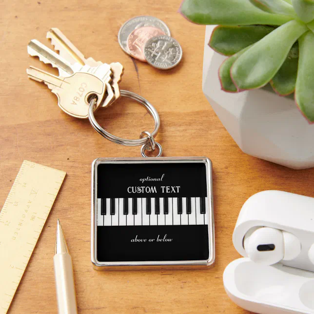 Piano Keyboard and customizable text black & white Keychain | Zazzle