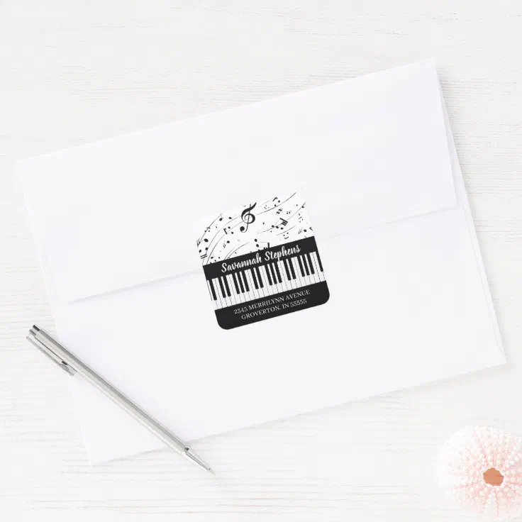 Piano Keyboard Music Notes Custom Return Address Square Sticker | Zazzle