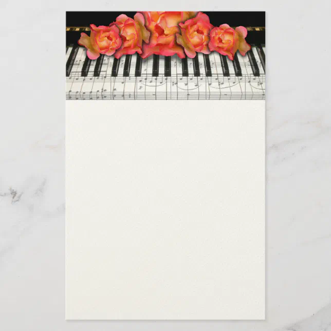 Piano Keyboard Roses and Music Notes Stationery | Zazzle