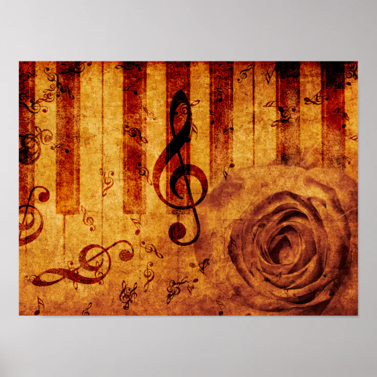 Piano keys with musical notes and rose poster | Zazzle
