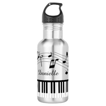 Piano Music Notes Script Name Black White Stainless Steel Water Bottle ...