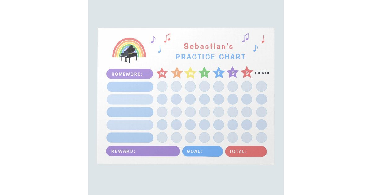 Piano Practice Music Notes Rainbow Reward Chart | Zazzle