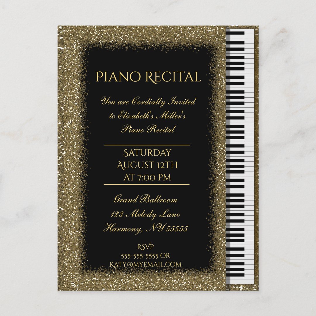 Piano Recital Gold Glitter Baby Grand Invitation Postcard | Zazzle