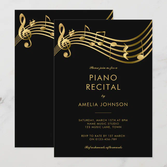 Piano Recital Gold Music Notes Elegant Invitation | Zazzle