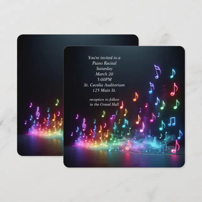 Piano Recital Neon Musical Notes Invitation | Zazzle