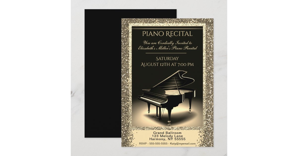 Piano Recital with Gold Glitter on Black Invitatio Invitation | Zazzle