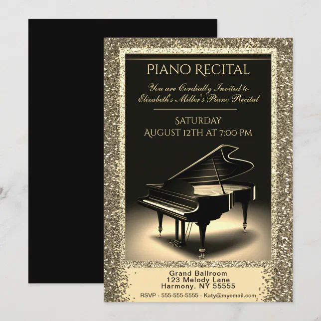 Piano Recital with Gold Glitter on Black Invitatio Invitation | Zazzle