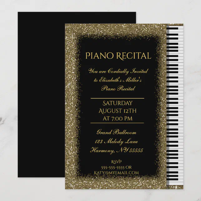 Piano Recital with Gold Glitter on Black Invitation | Zazzle