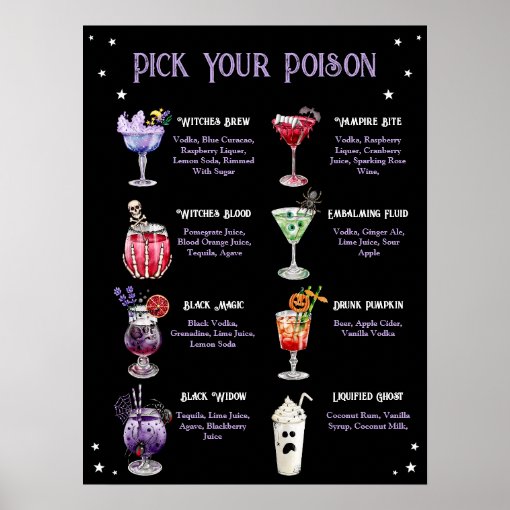 Pick Your Poison Halloween Cocktail Menu Poster | Zazzle