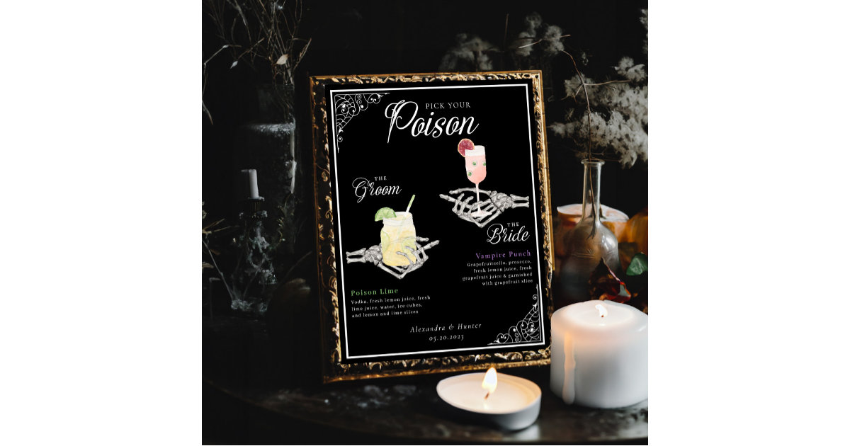 Pick Your Poison Skeleton Bride & Groom Cocktails Poster | Zazzle