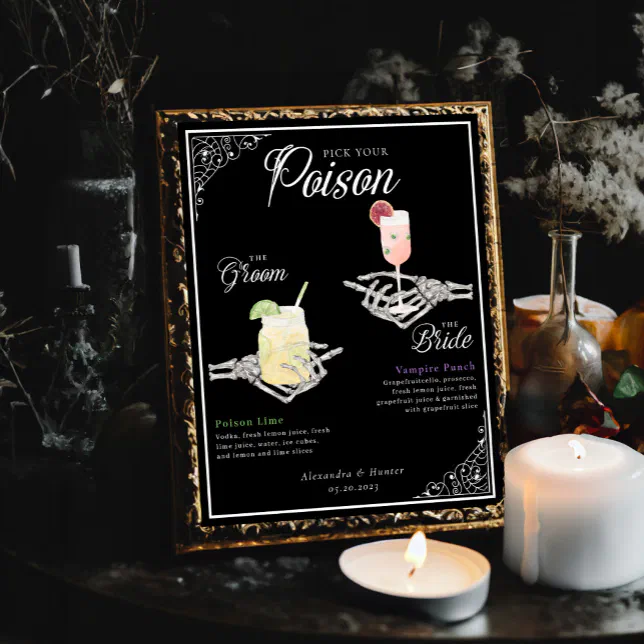Pick Your Poison Skeleton Bride & Groom Cocktails Poster | Zazzle