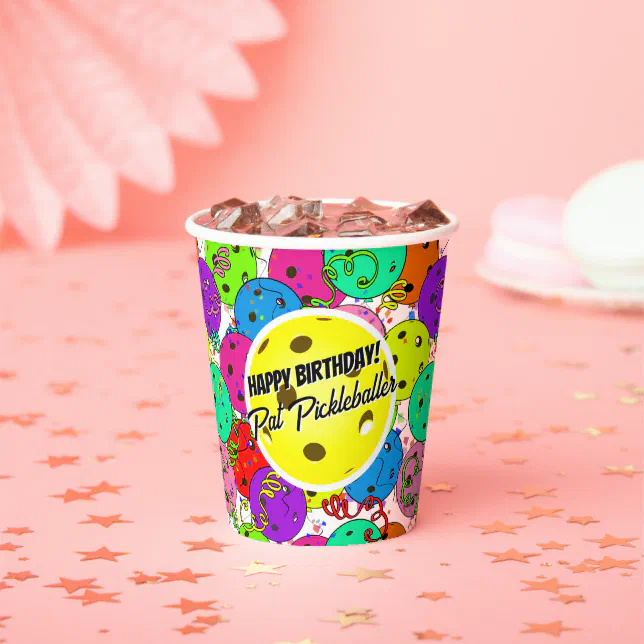 Pickleball Birthday Balloons Confetti Personalized Paper Cups | Zazzle