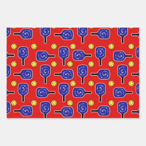 Pickleball Blue Paddles Yellow Balls 4th of July Wrapping Paper Sheets ...