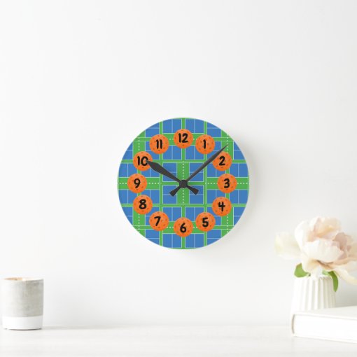 Pickleball Courts, Blue, Green, Orange Pickleballs Round Clock | Zazzle