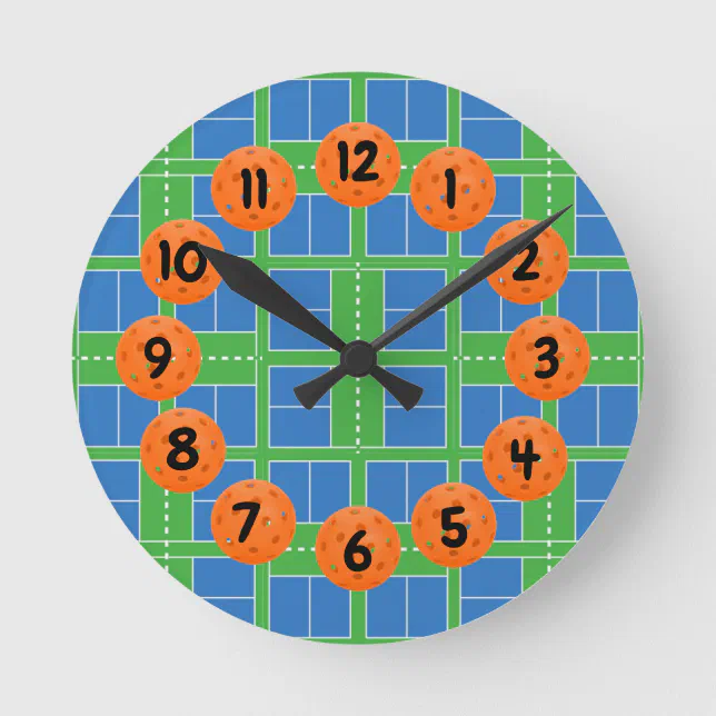 Pickleball Courts, Blue, Green, Orange Pickleballs Round Clock | Zazzle