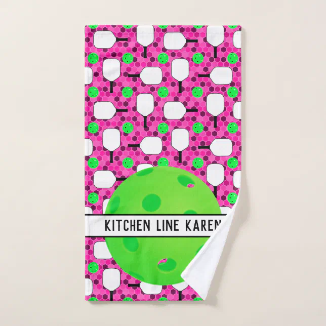 Pickleball Kitchen Line Personalize Magenta Green Hand Towel | Zazzle