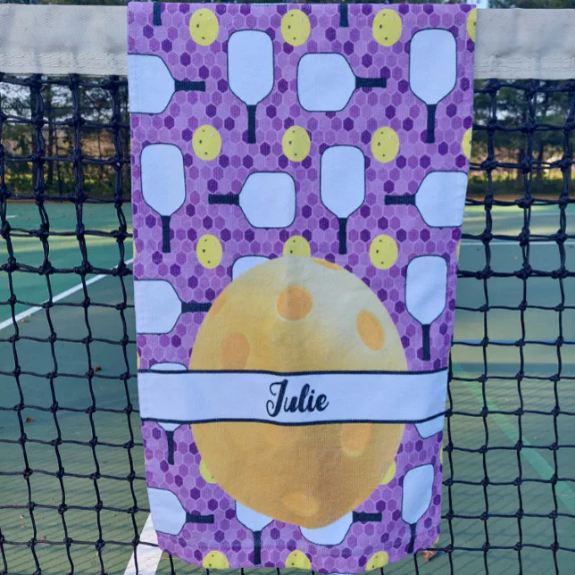 Pickleball Paddles Personalized Purple and Yellow Hand Towel | Zazzle