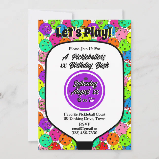 Pickleball Party Balloons Confetti Purple Photo Invitation | Zazzle