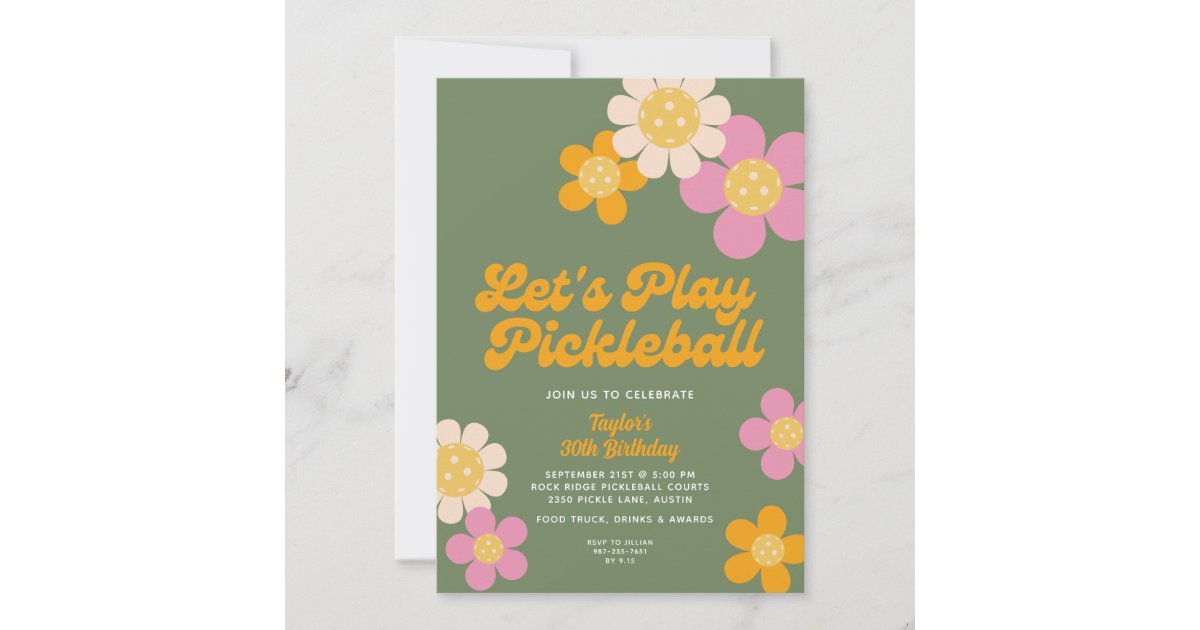 Pickleball Party Groovy Retro Pink Orange Flowers Invitation | Zazzle