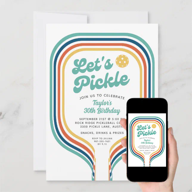 Pickleball Party Let's Pickle Retro Rainbow Stripe Invitation | Zazzle