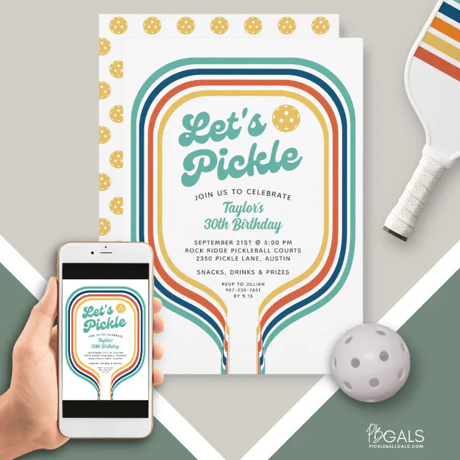 Pickleball Party Let's Pickle Retro Rainbow Stripe Invitation | Zazzle