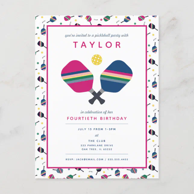 Pickleball Party Sports Blue Pink Invitation Postcard | Zazzle