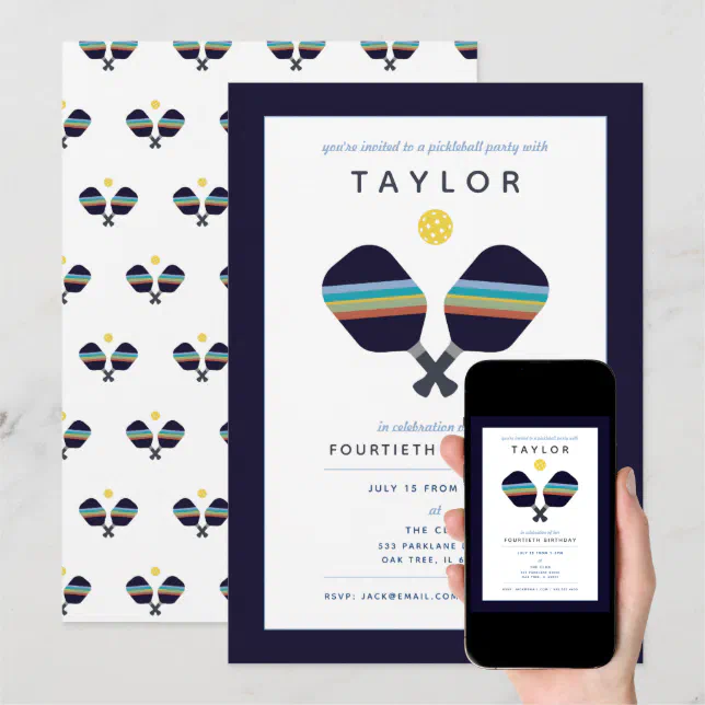 Pickleball Party Sports Dark Blue Striped Paddles Invitation | Zazzle