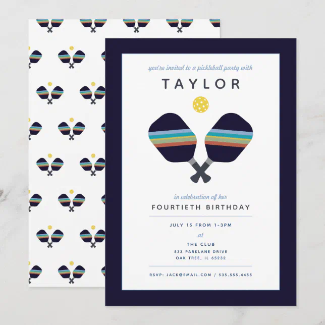 Pickleball Party Sports Dark Blue Striped Paddles Invitation | Zazzle