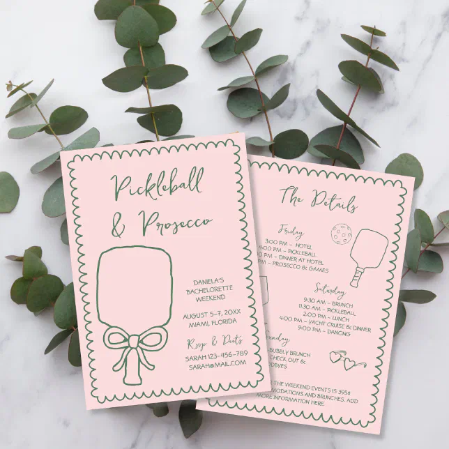 Pickleball & Prosecco Hand Drawn Bachelorette Invitation | Zazzle