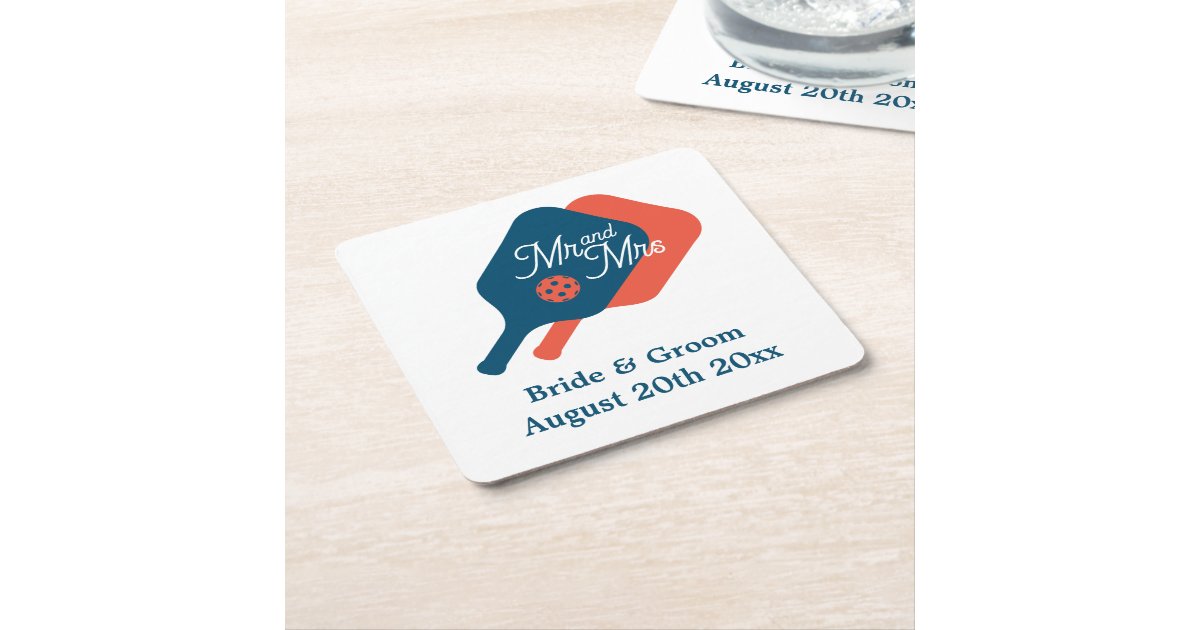 Pickleball wedding custom square paper coasters | Zazzle