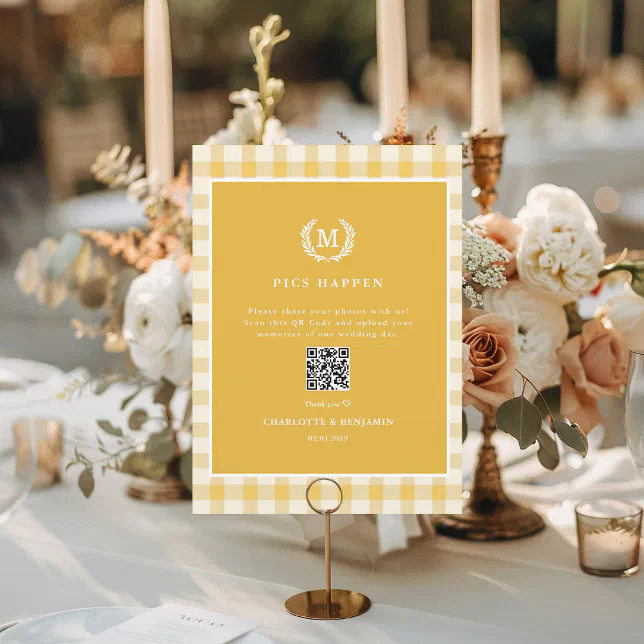 PICS HAPPEN!QR Code Yellow Gingham Wedding Gallery | Zazzle