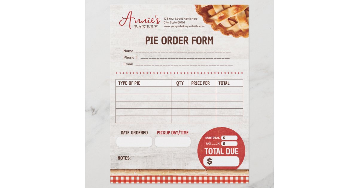 Pie for Bakery Custom Order Form | Zazzle