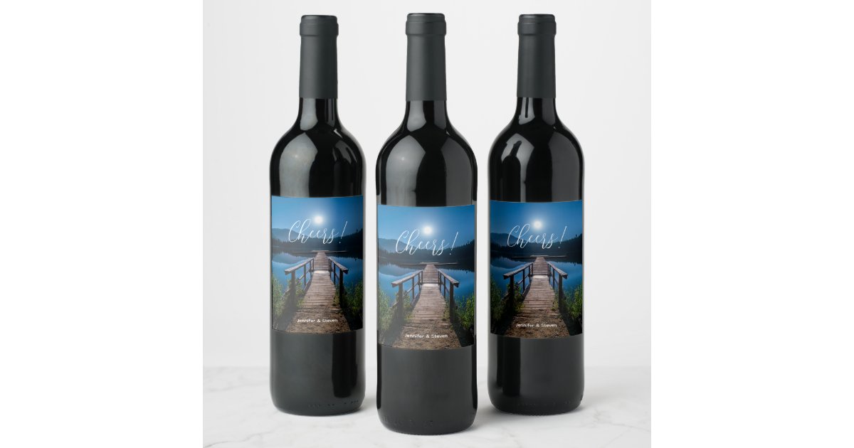 Pier at Night under a Full Moon Cheers Wine Label | Zazzle