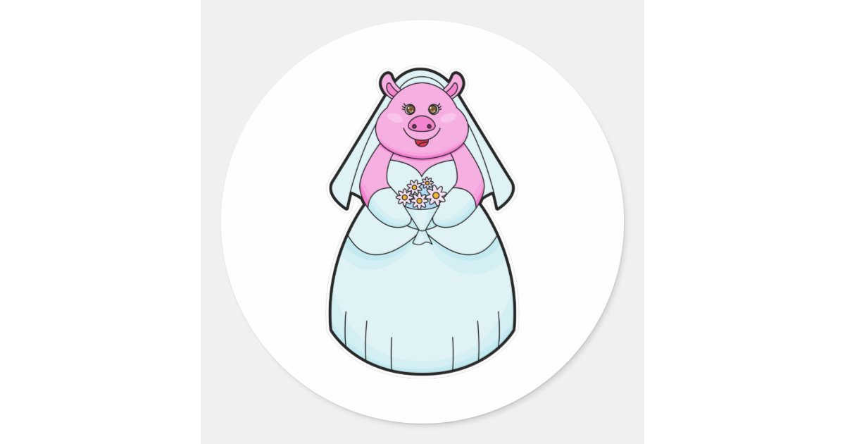 Pig as Bride with Veil Classic Round Sticker | Zazzle