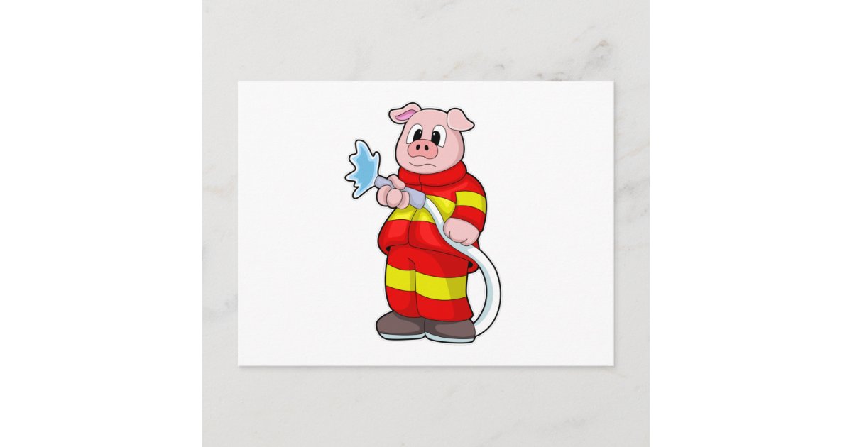 Pig as Firefighter with Hose Postcard | Zazzle