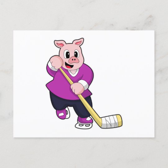 Pig at Ice hockey with Ice hockey stick Postcard | Zazzle.com