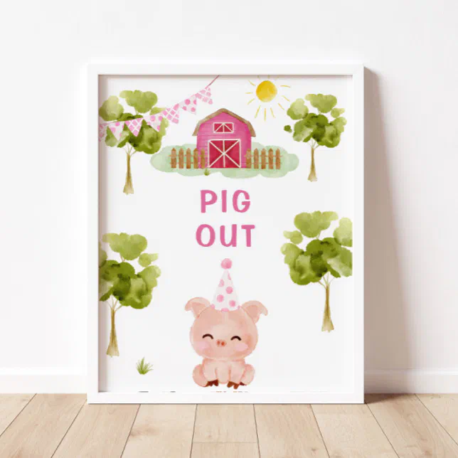 Pig out poster. Pink Farm animals birthday Poster | Zazzle