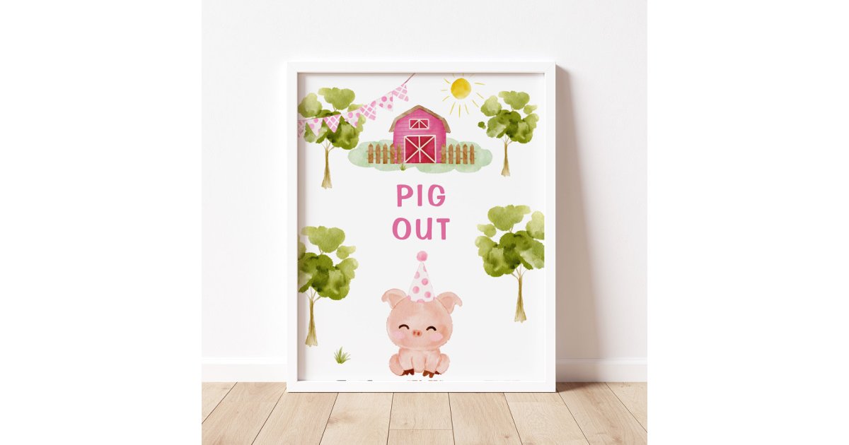 Pig out poster. Pink Farm animals birthday Poster | Zazzle